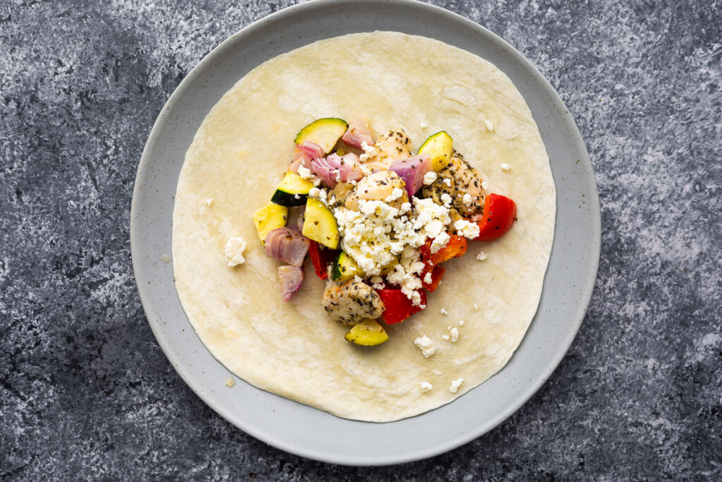 Roasted Vegetable Greek Chicken Wraps - Sweet Peas and Saffron