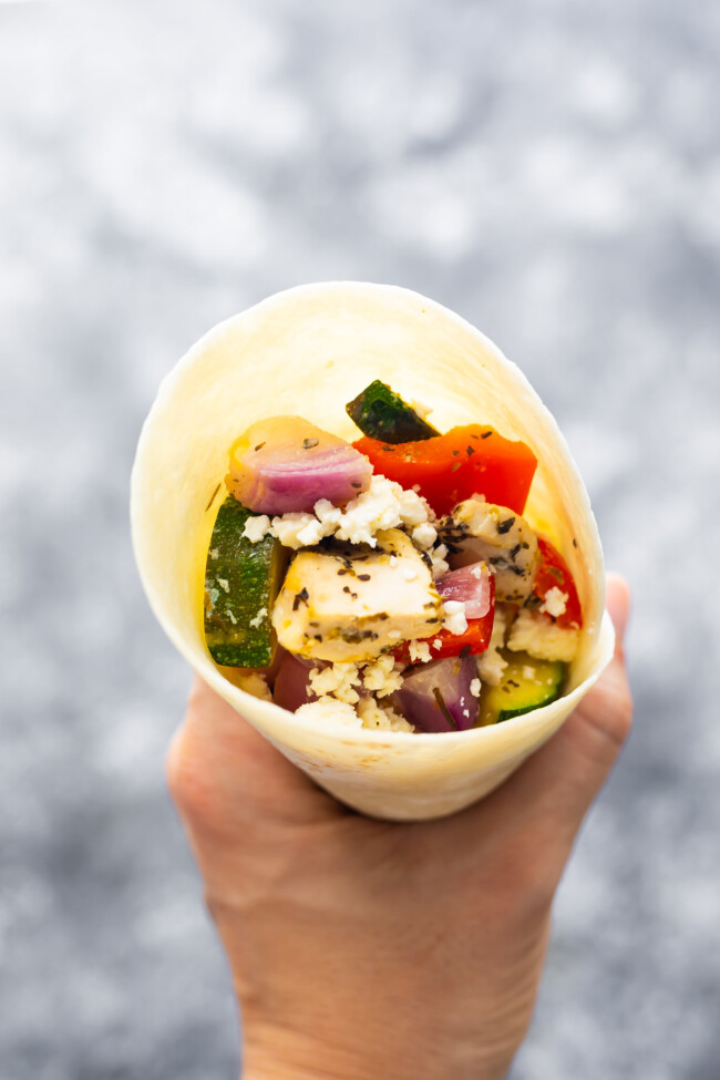 Roasted Vegetable Greek Chicken Wraps - Sweet Peas and Saffron