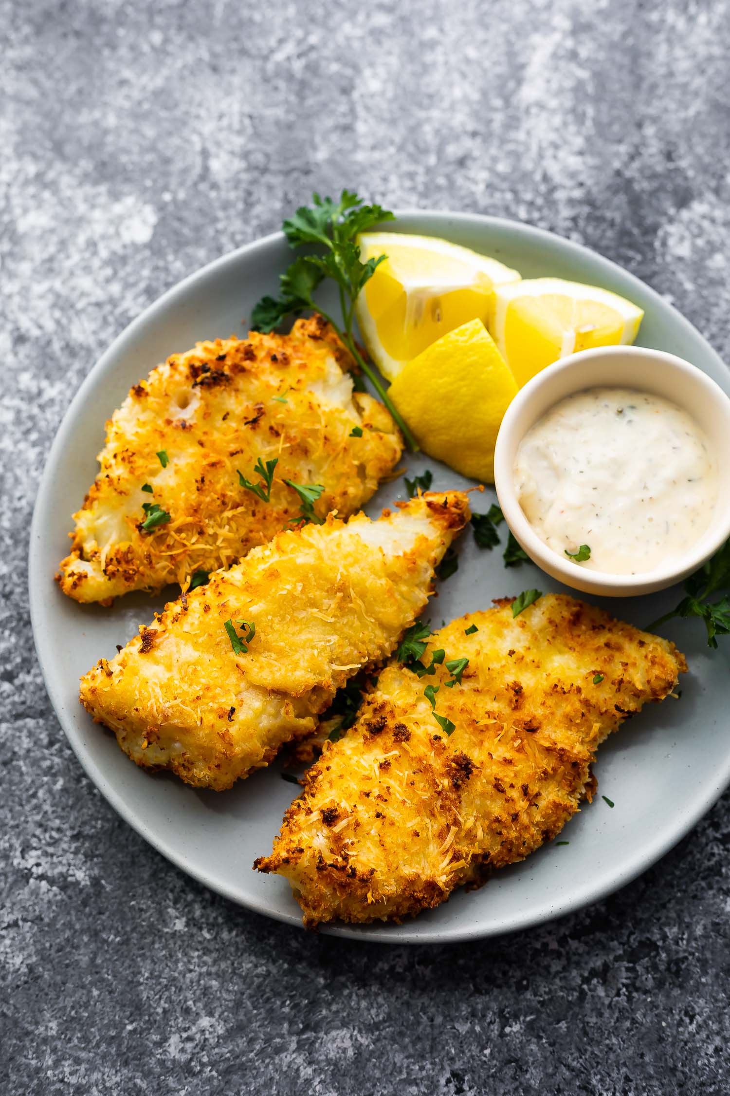 Crispy Air Fryer Fish lemon Parmesan Breading Sweet Peas And Saffron